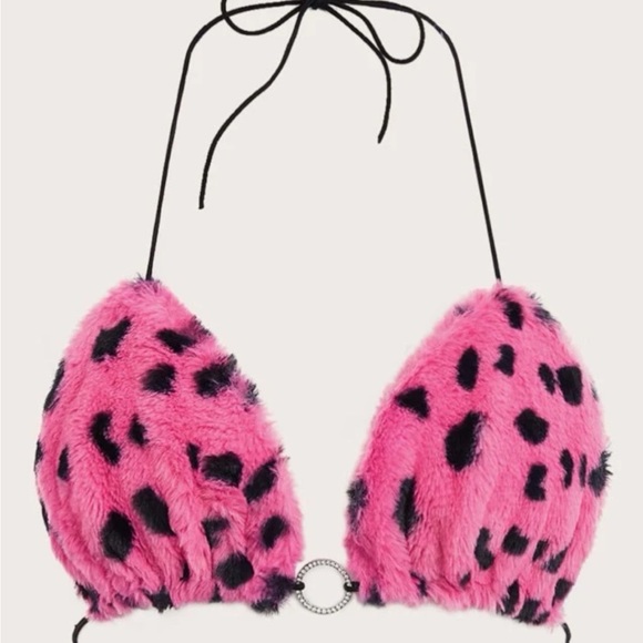 Tops | Barbie Core Hot Pink Fuzzy Y2k Bikini Top L | Poshmark